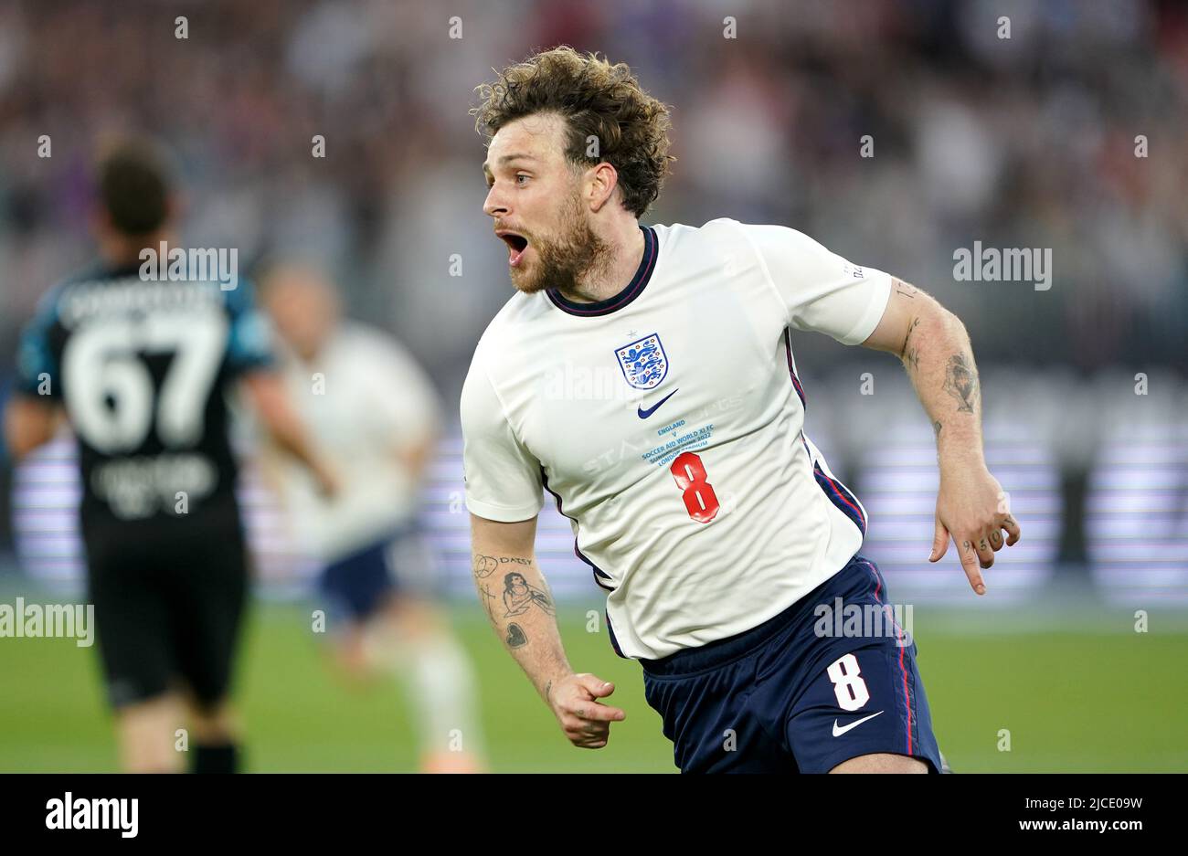 England's Tom Grennan celebrates scoring their side's second goal of ...