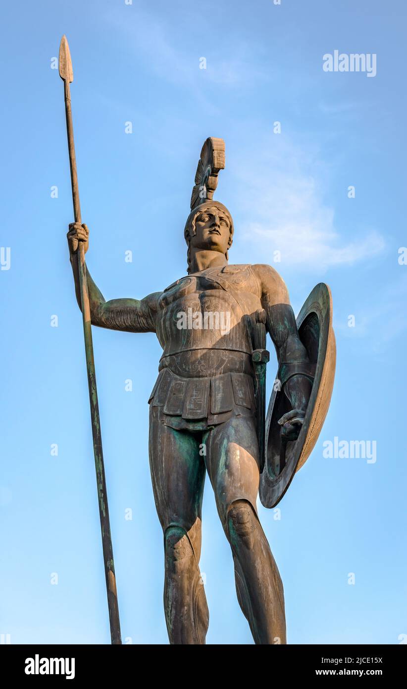 The statue of Achilles in full hoplite uniform, sanding as guardian of ...