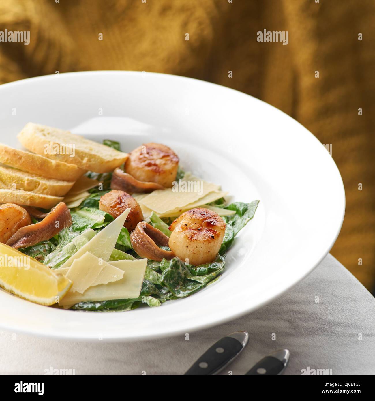 Fried Sea Scallop with White Sauce on Elegant Restaurant Plate. Gourmet ...