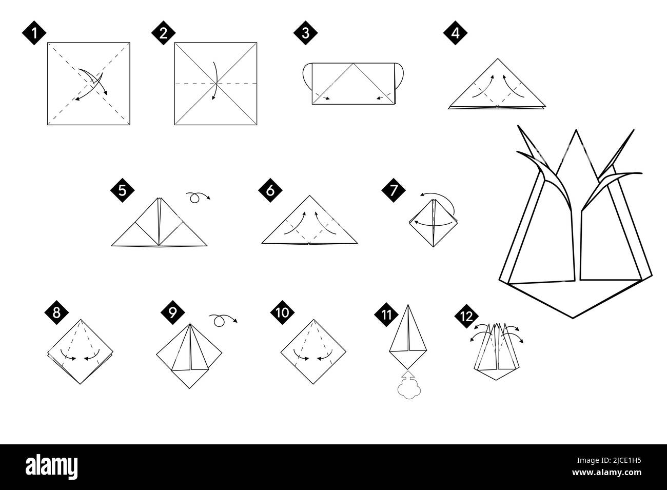 How to make origami tulip flower. Step by step instructions. Monochrome ...