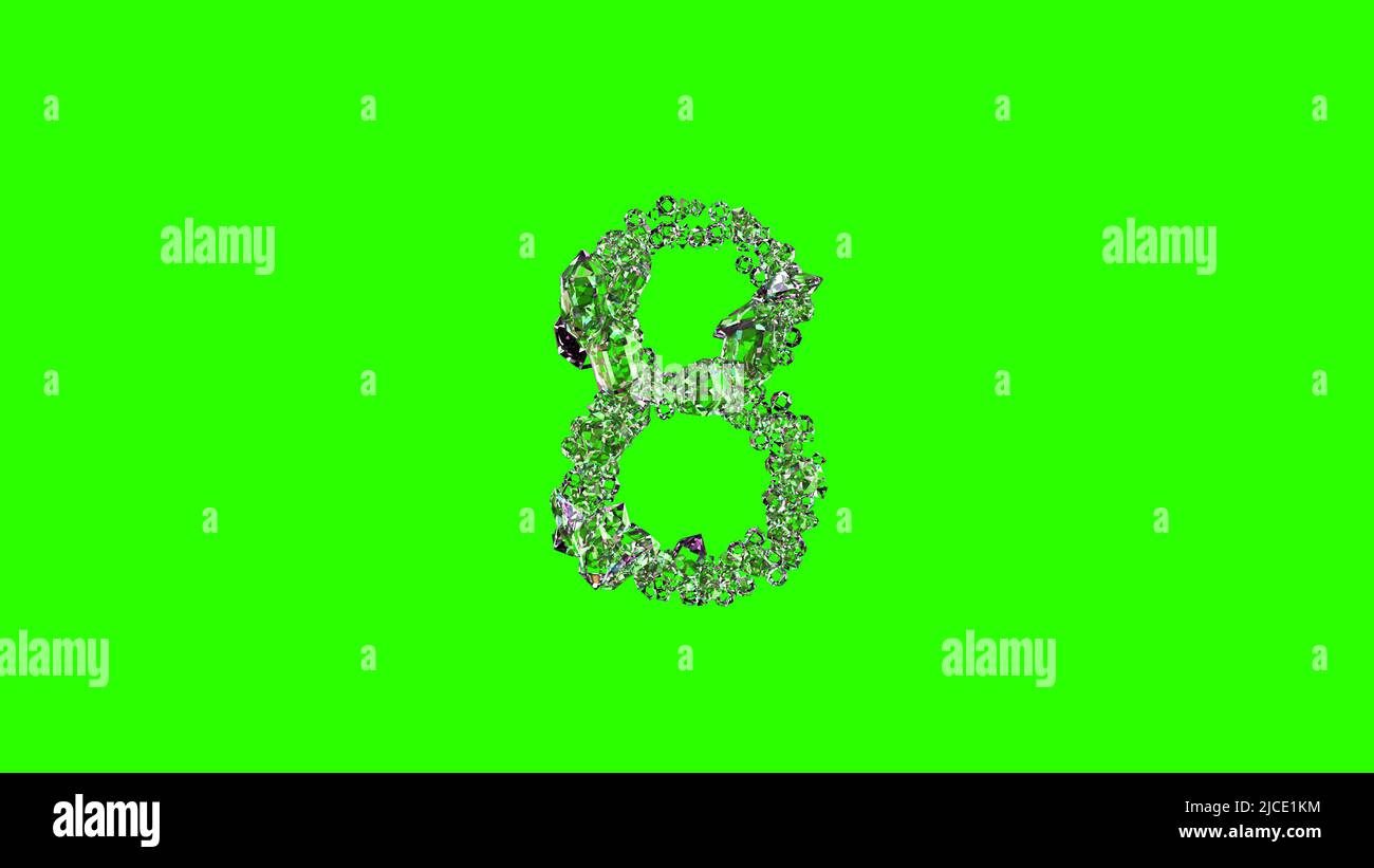 lighting transparent diamonds number 8 on chroma key screen, isolated ...