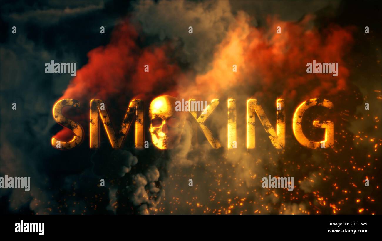 Text smoking with skull burning on dark smoke backdrop - abstract 3D rendering Stock Photo - Alamy