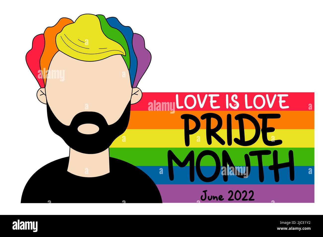 LGBT Pride Month. love is love. Gay man with beard and rainbow hair and ...