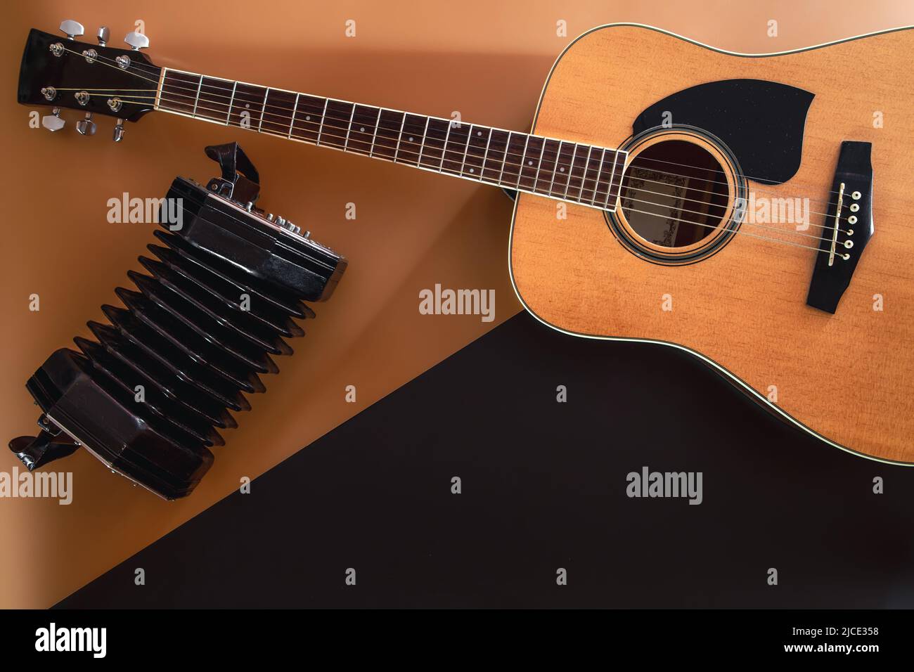 Flat lay, music background with acoustic guitar Stock Photo - Alamy