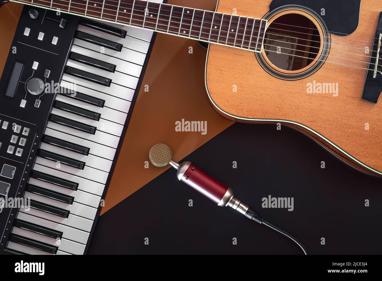 Flat lay, music background with acoustic guitar and piano Stock Photo ...