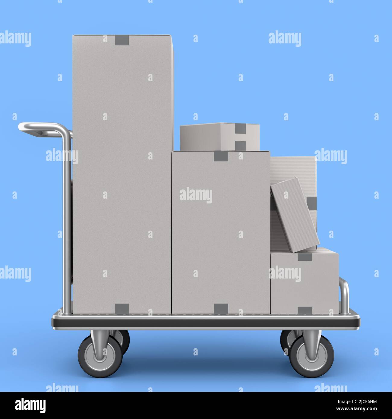 Airport luggage cart or baggage trolley side with stack of cardboard ...