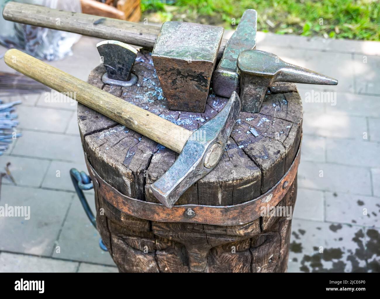 Old rusty blacksmith tools at the outdoors, close up. Blacksmith ...