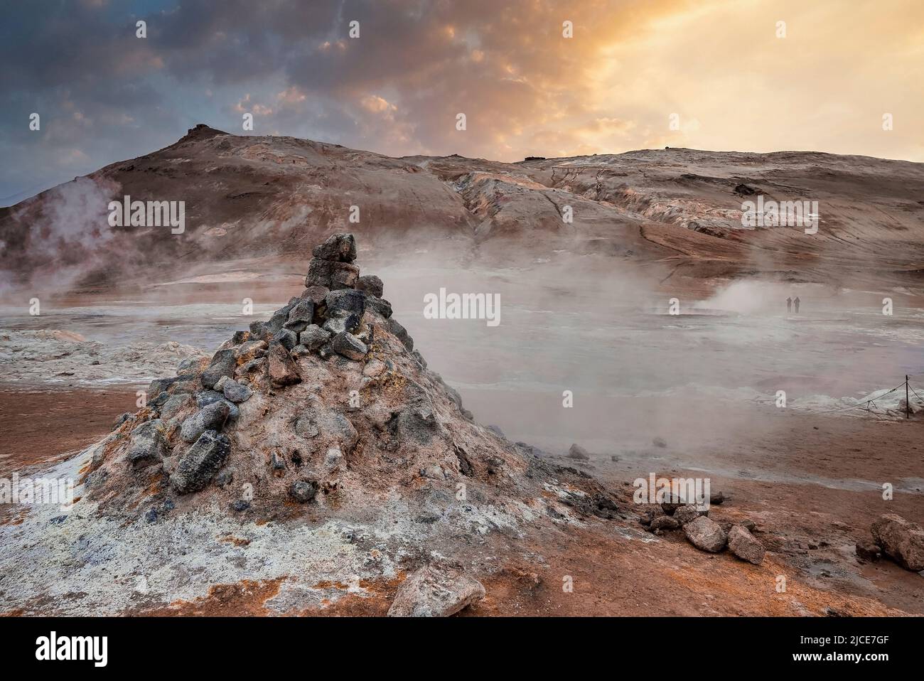 View of steaming fumarole in geothermal area of Hverir at Namafjall at ...