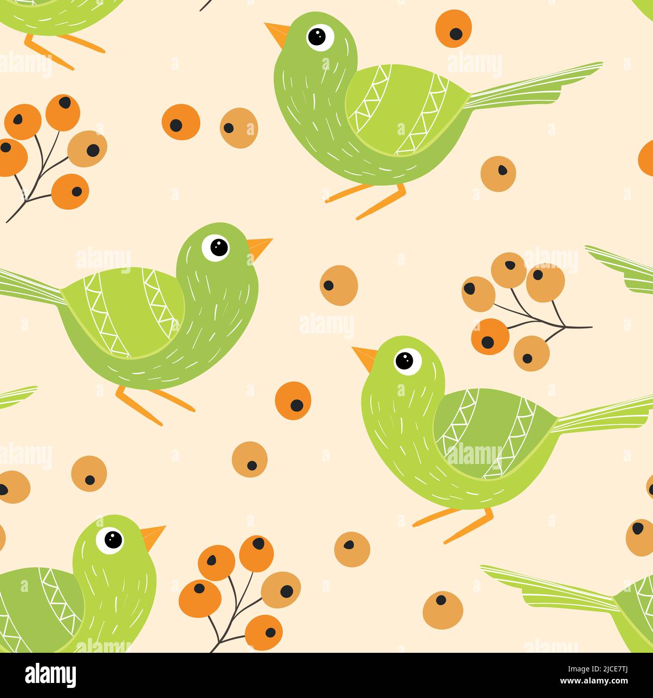 Seamless pattern with funny colorful birds, flowers, leaves and berries ...