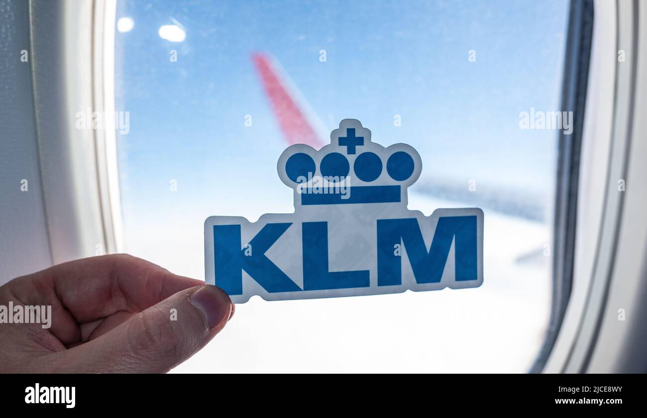 December 6, 2021, Amsterdam, the Netherlands. The emblem of the airline ...