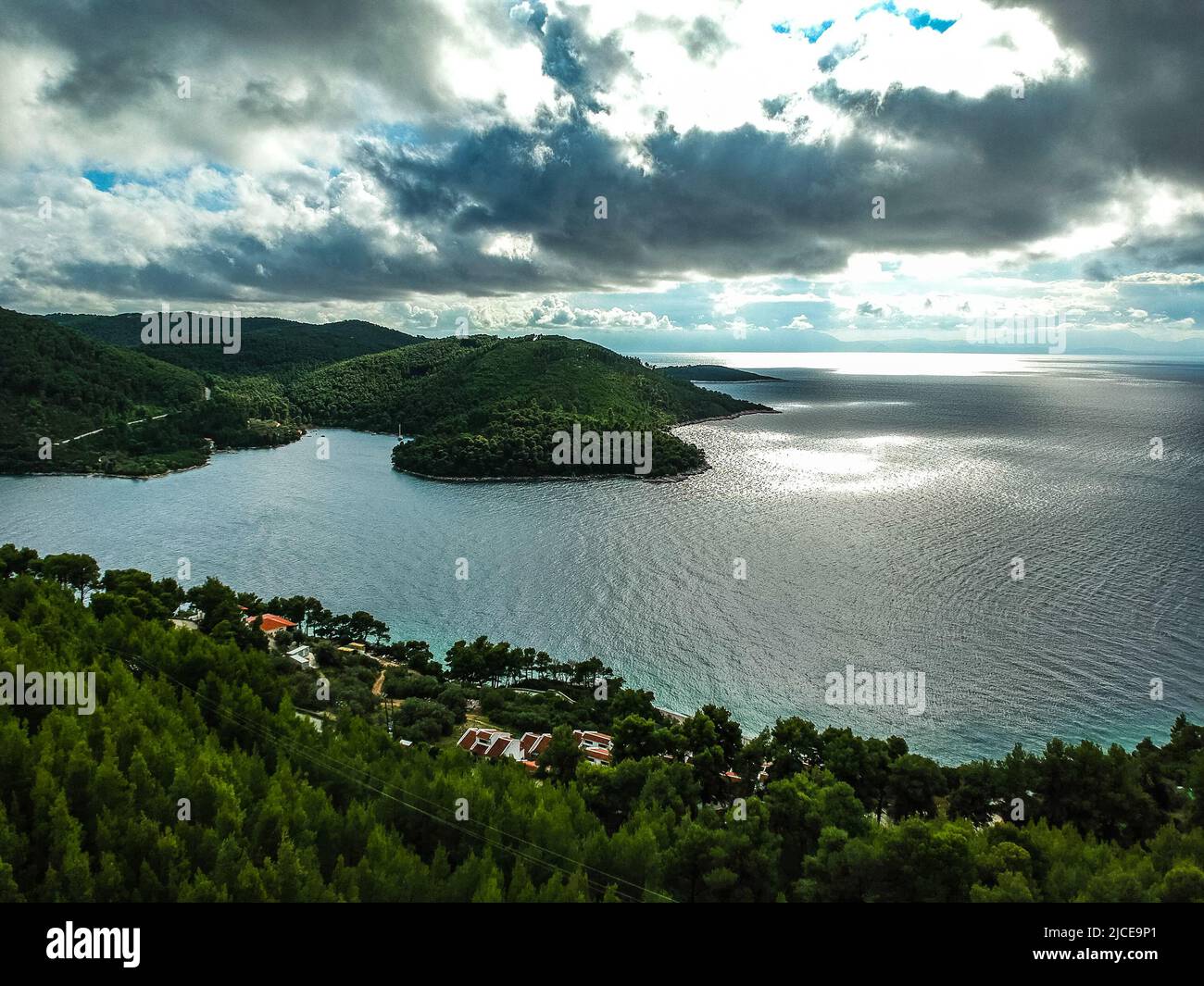 Aerial panoramic view over Milia beach in Skopelos island, against a ...