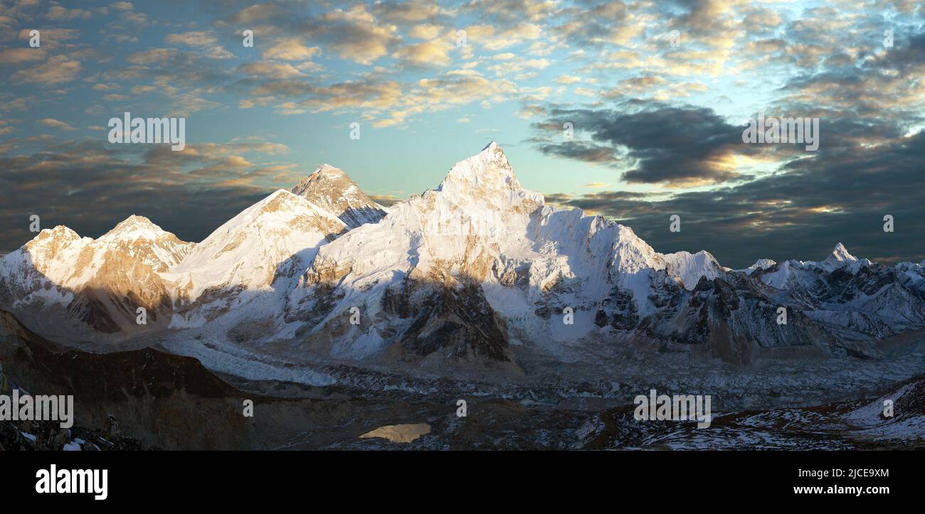 Mount Everest, evening panoramic view of with beautiful sunset clouds ...