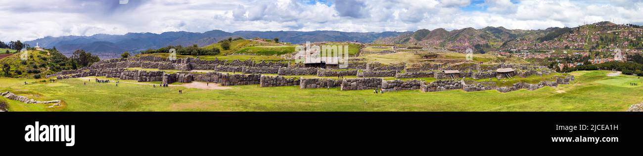 Panoramic view of Sacsayhuaman, Inca ruins in Cusco or Cuzco town, Peru ...