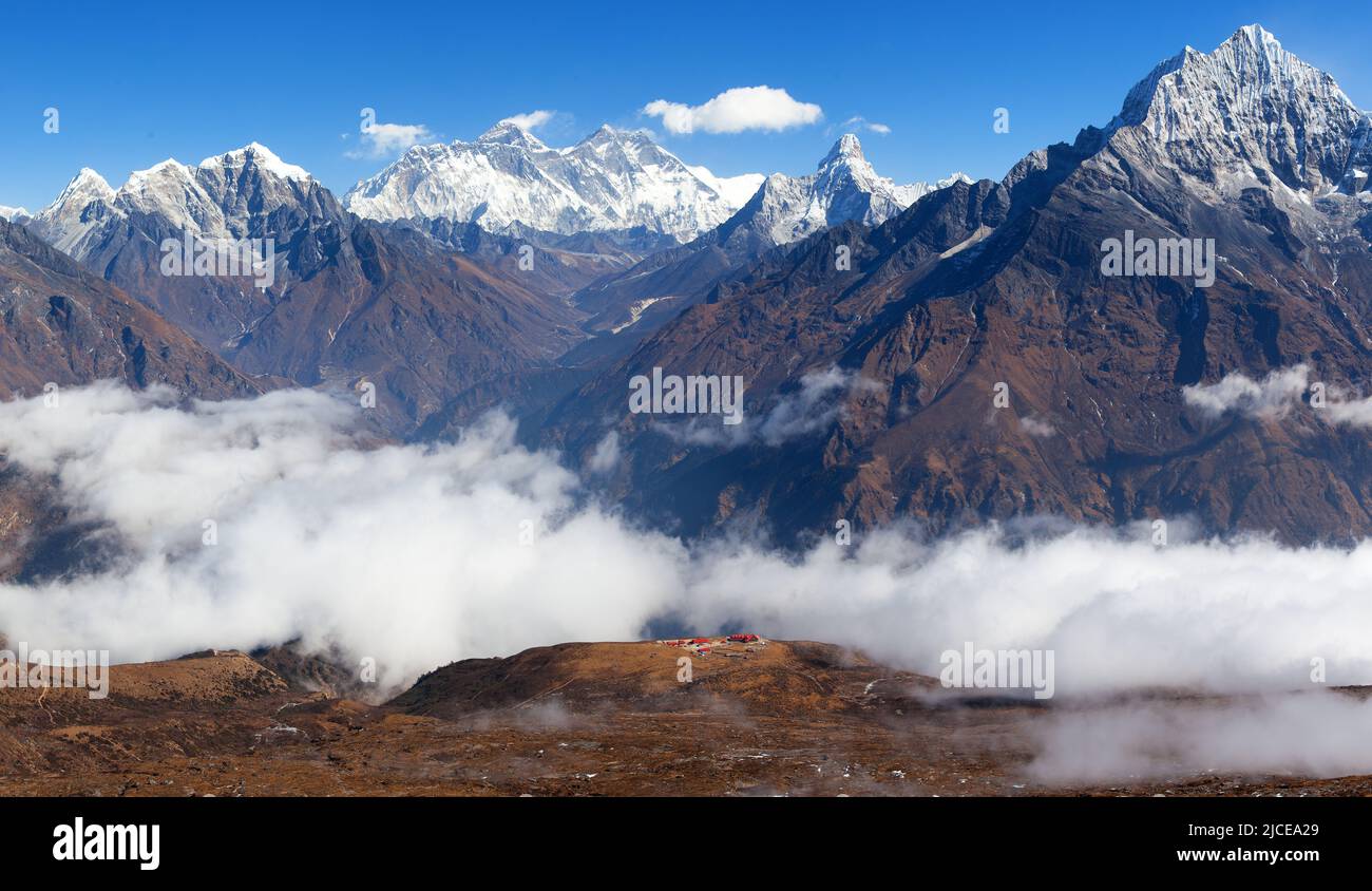 Panoramic view of Mount Everest, Lhotse and Ama Dablam from Kongde, Sagarmatha national park ...