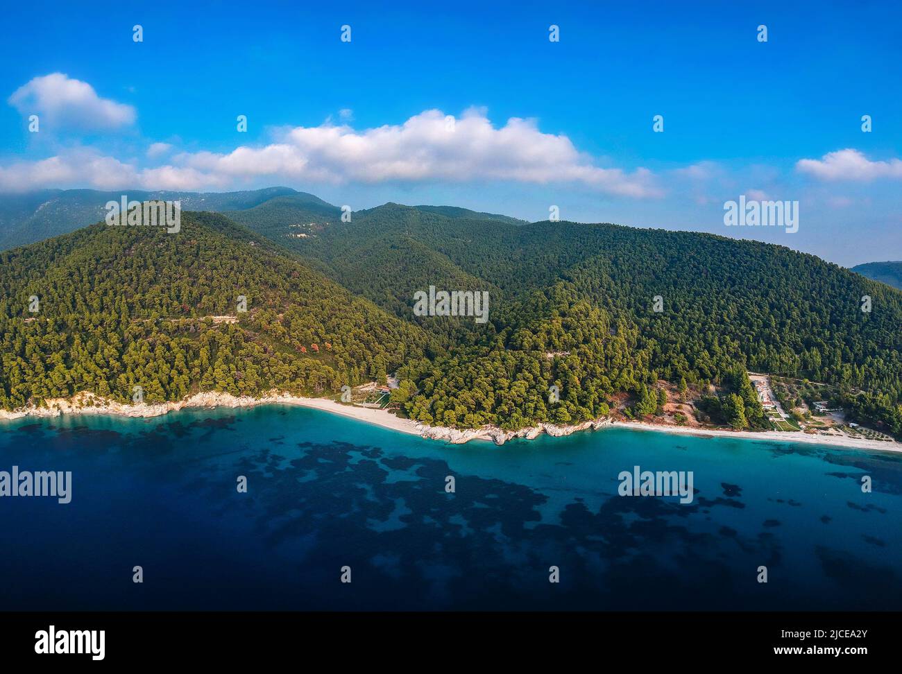 Aerial panoramic view over Milia beach in Skopelos island, against a ...
