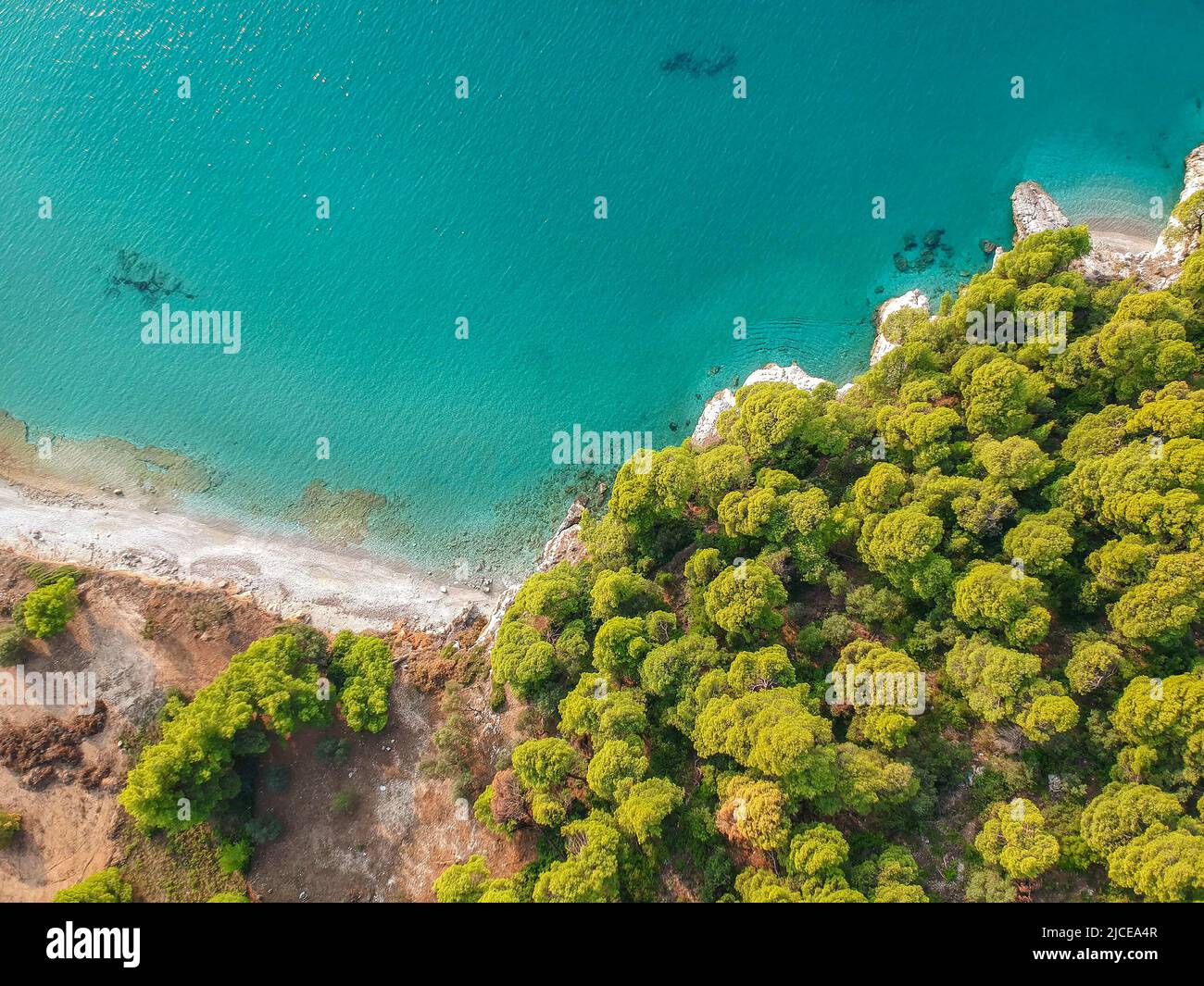 Aerial panoramic view over Milia beach in Skopelos island, against a ...