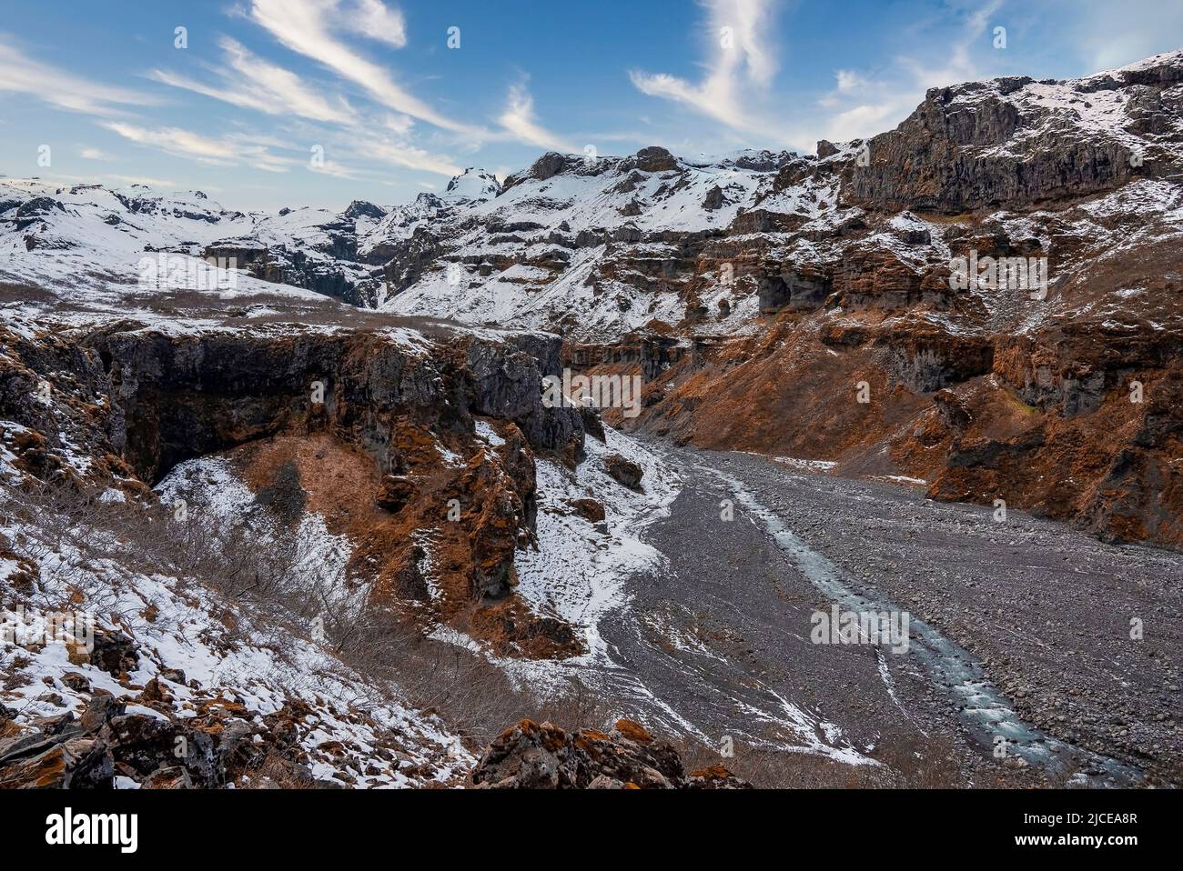 Beautiful view of stream amidst snow covered mountains in valley ...