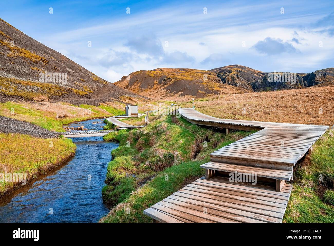 Wooden footpath and changing rooms by hot river stream in Reykjadalur ...