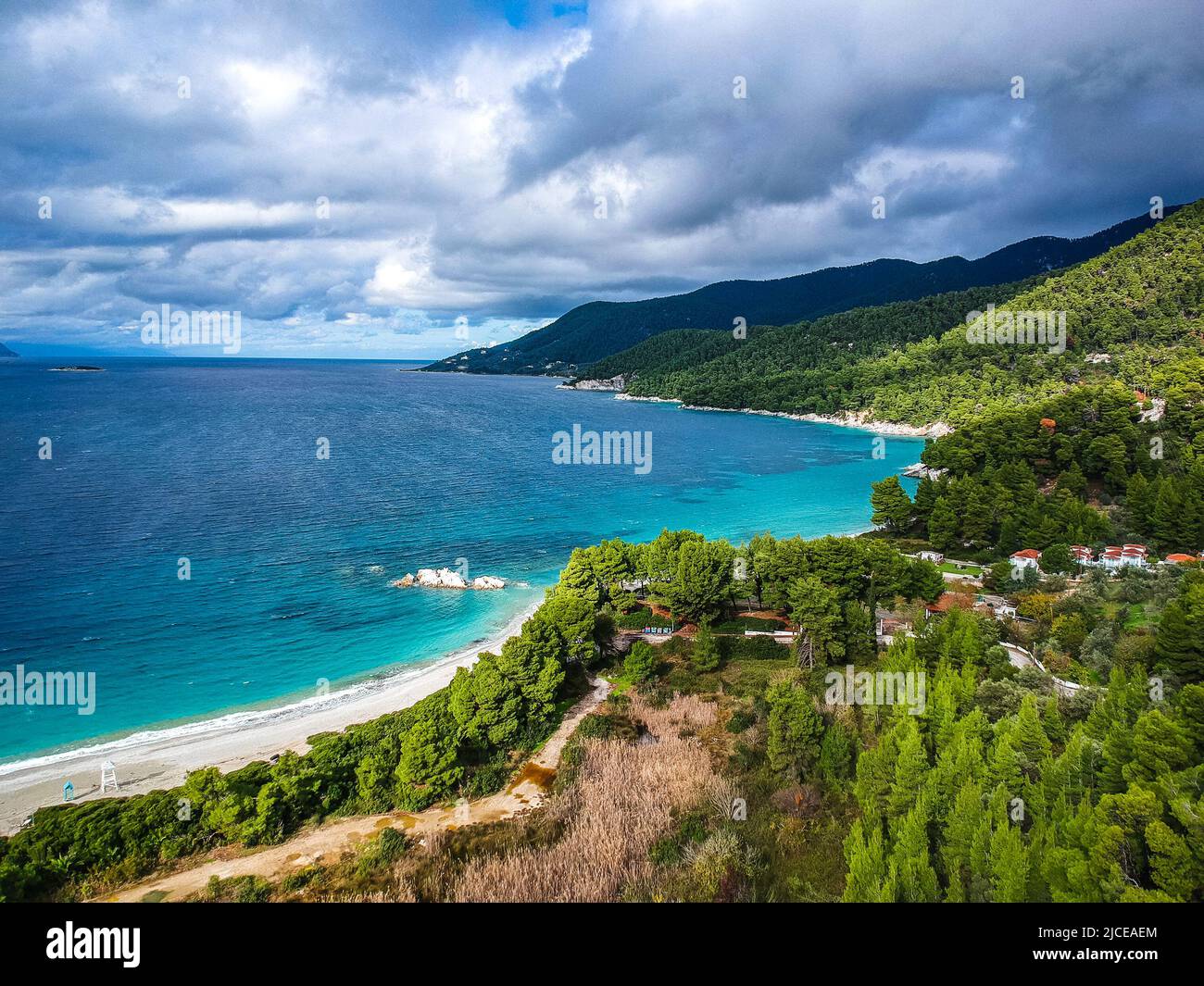 Aerial panoramic view over Milia beach in Skopelos island, against a ...