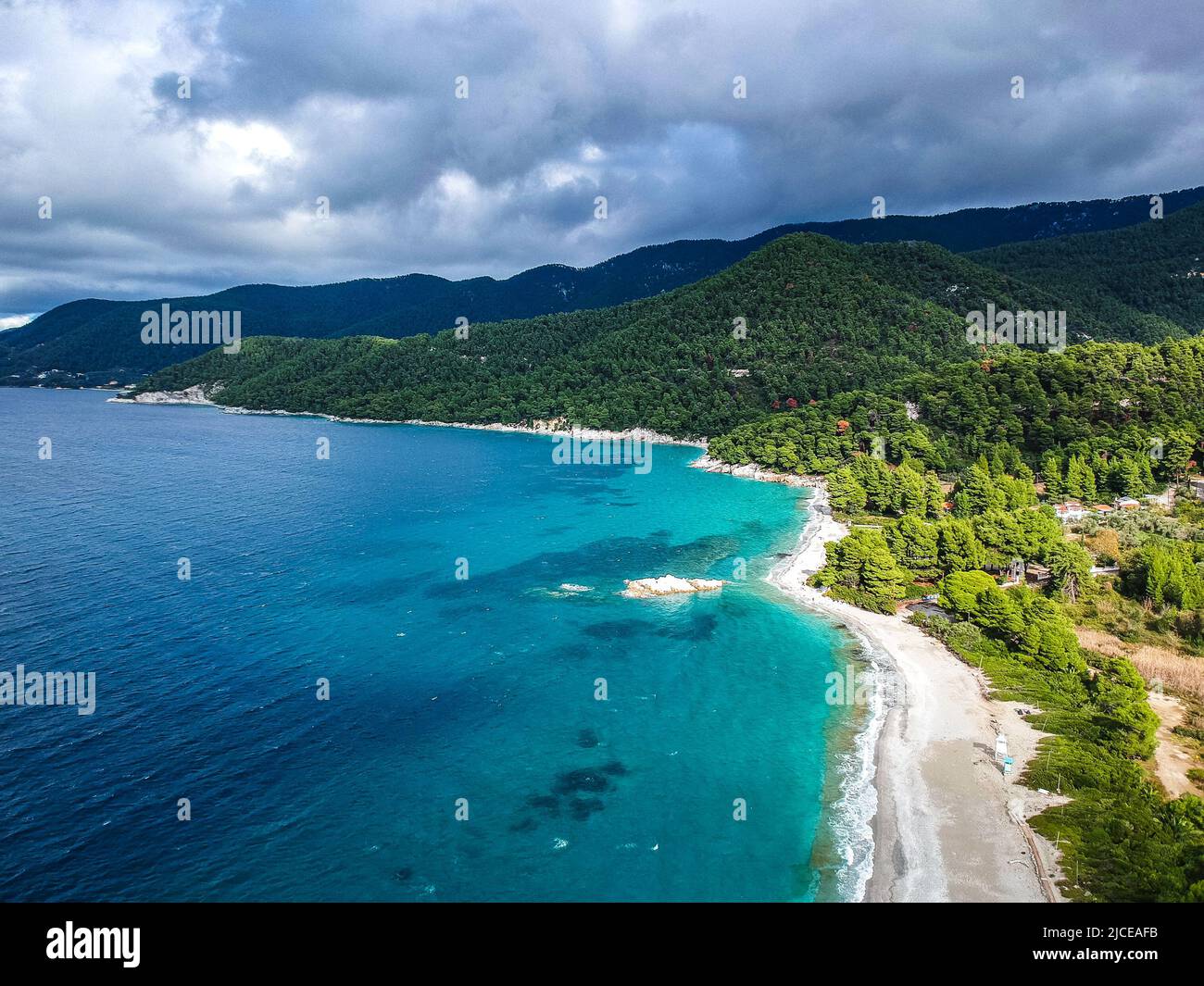 Aerial panoramic view over Milia beach in Skopelos island, against a ...