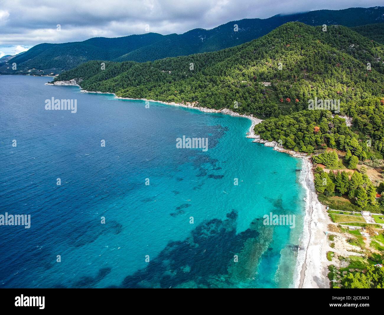 Aerial panoramic view over Milia beach in Skopelos island, against a ...