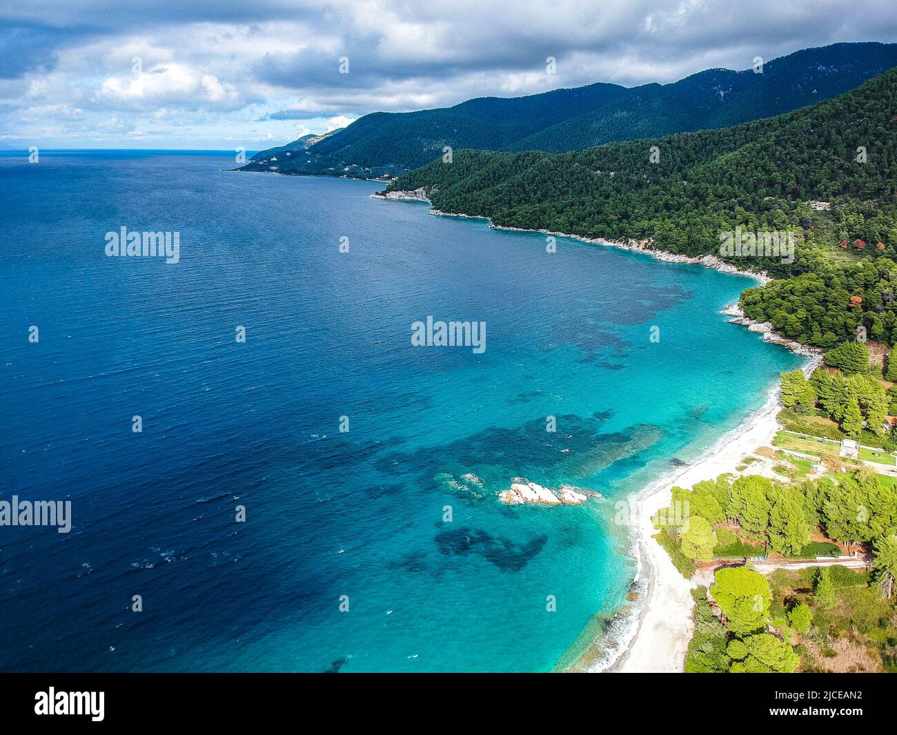 Aerial panoramic view over Milia beach in Skopelos island, against a ...