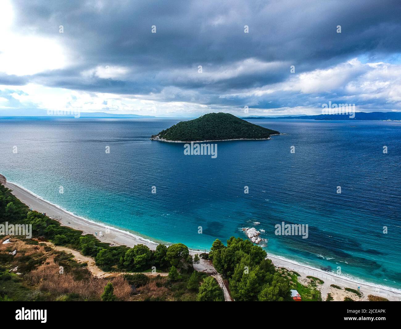 Aerial panoramic view over Milia beach in Skopelos island, against a ...