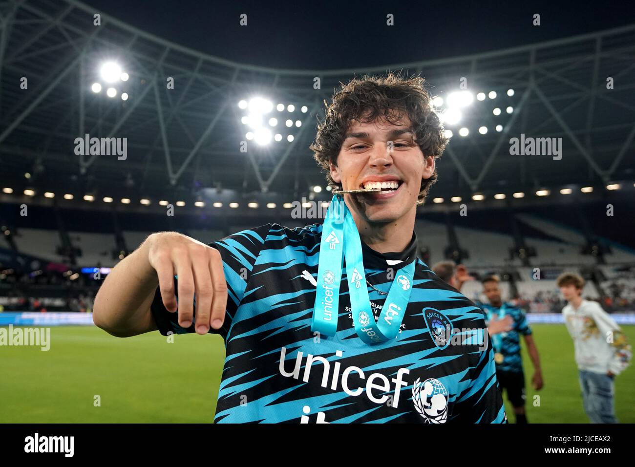 Rest of the World XI's Noah Beck poses for photos after the Soccer Aid ...