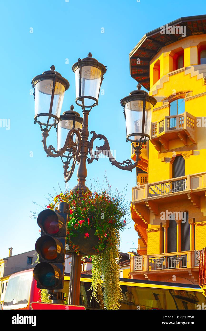 Traffic light and street lamps . Street decor with flowers and lanterns ...