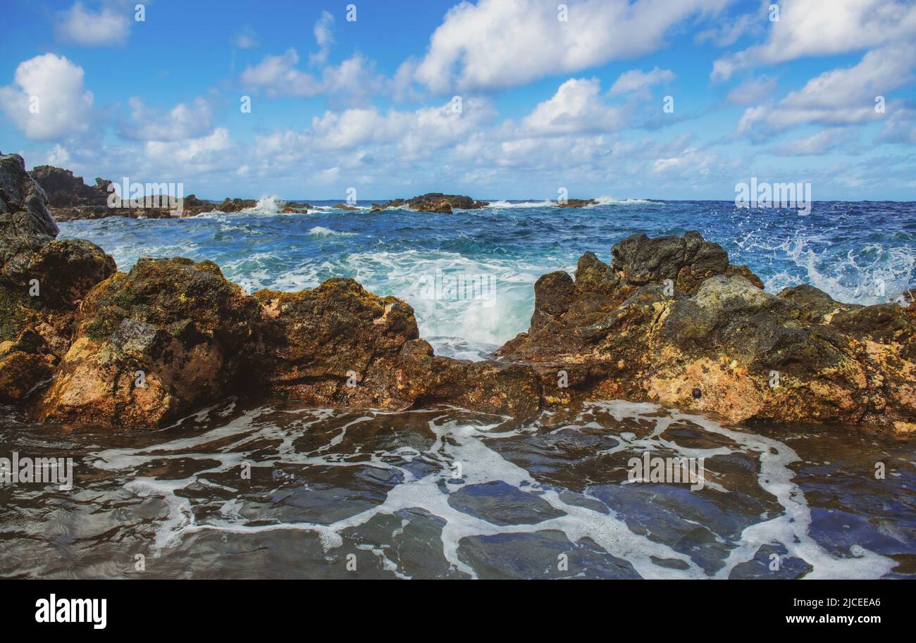 Sea stone beach, sea waves. Colorful blue sea background. The concept ...