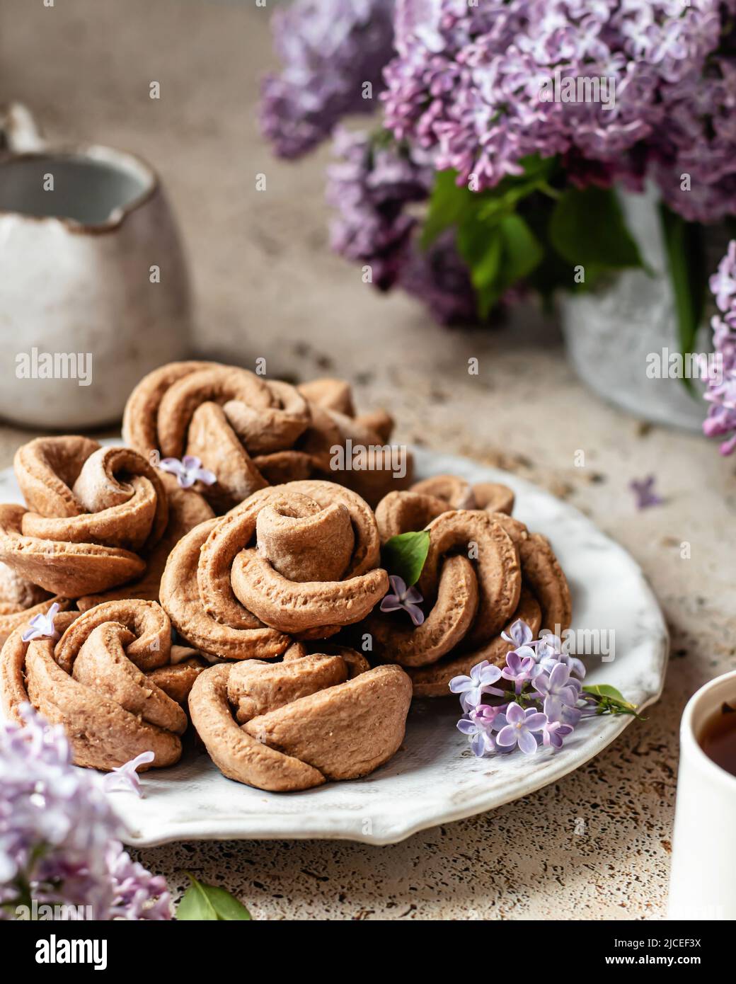 Homemade cottage cheese shortbread cookies shape rose on a platter with ...
