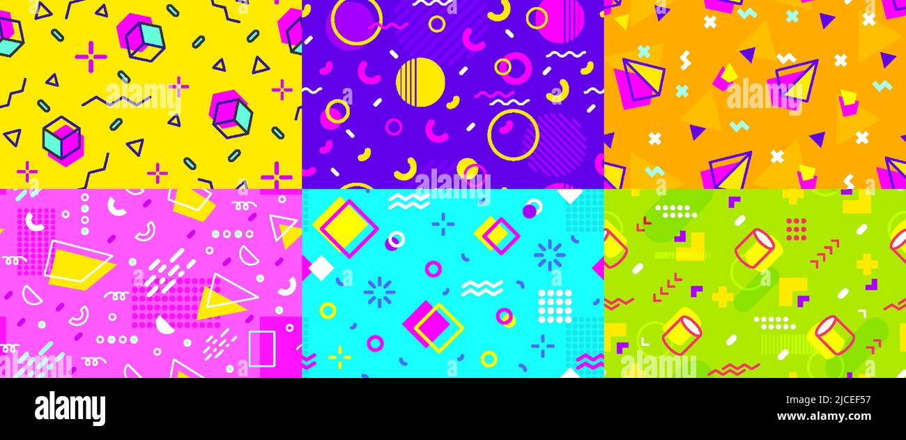 Memphis seamless pattern geometric retro flat set. Bright colorful gift ...