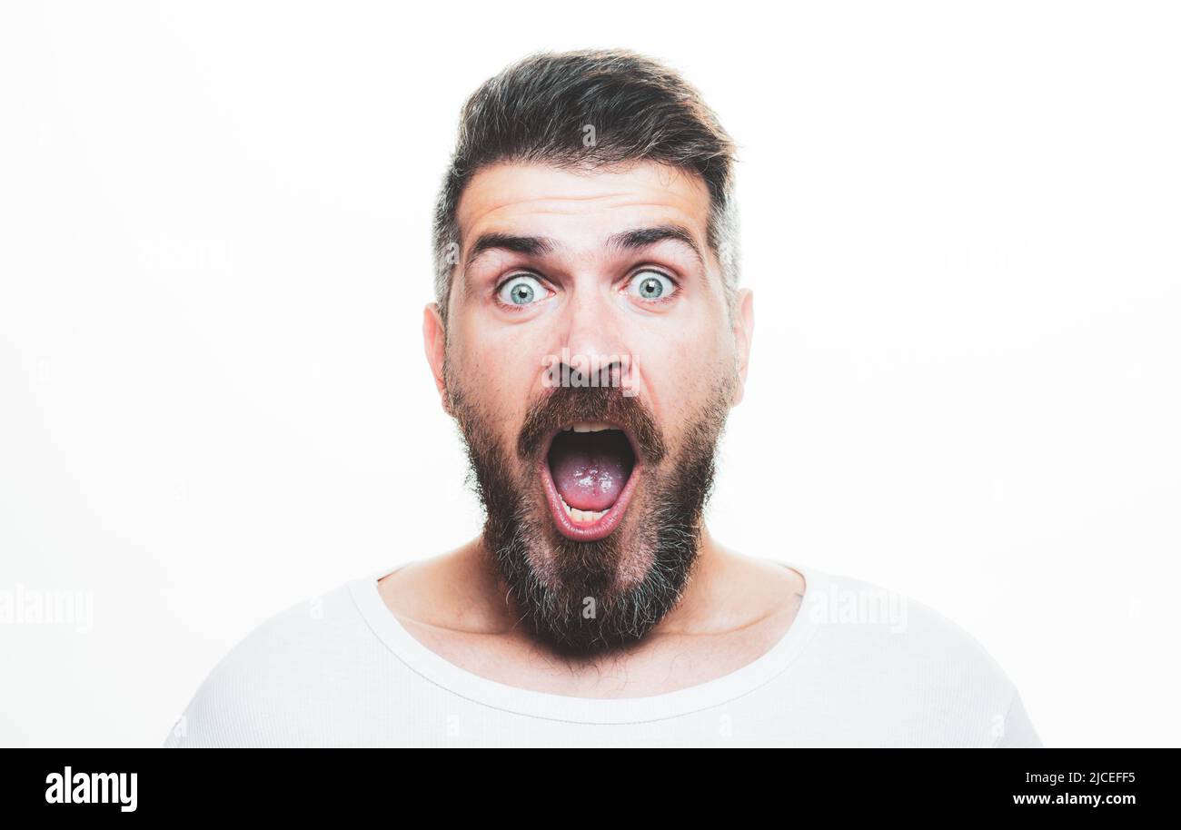 Shocked bearded man with surprise expression, wow amazed excited face ...