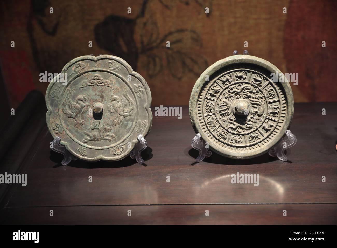 XI'AN, CHINA - JUNE 12, 2022 - Bronze mirrors of the Tang Tanluan bird ...
