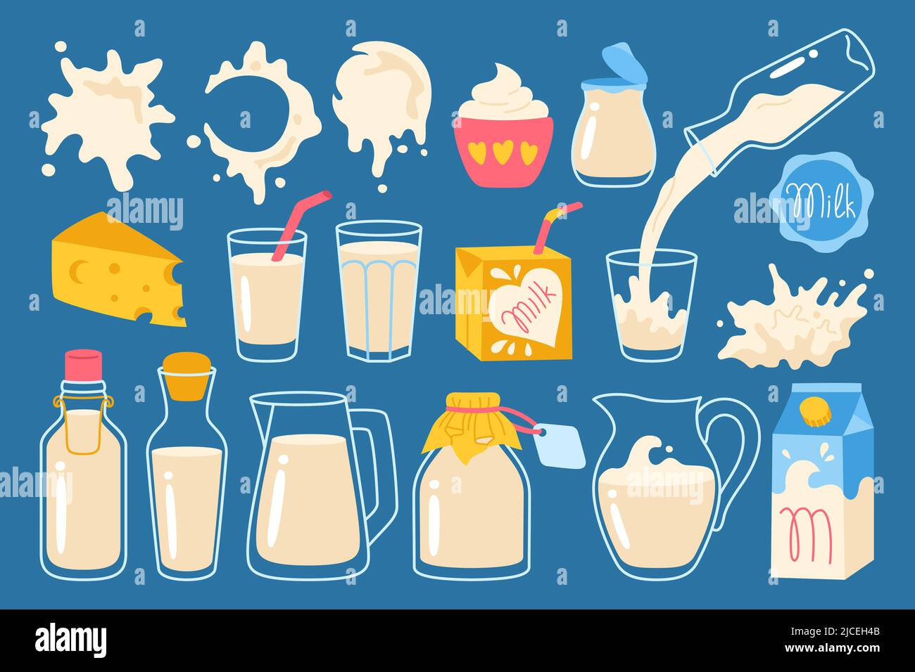 Milk food cartoon set. Farm foodstuff cheese and yogurt, drink in glass ...