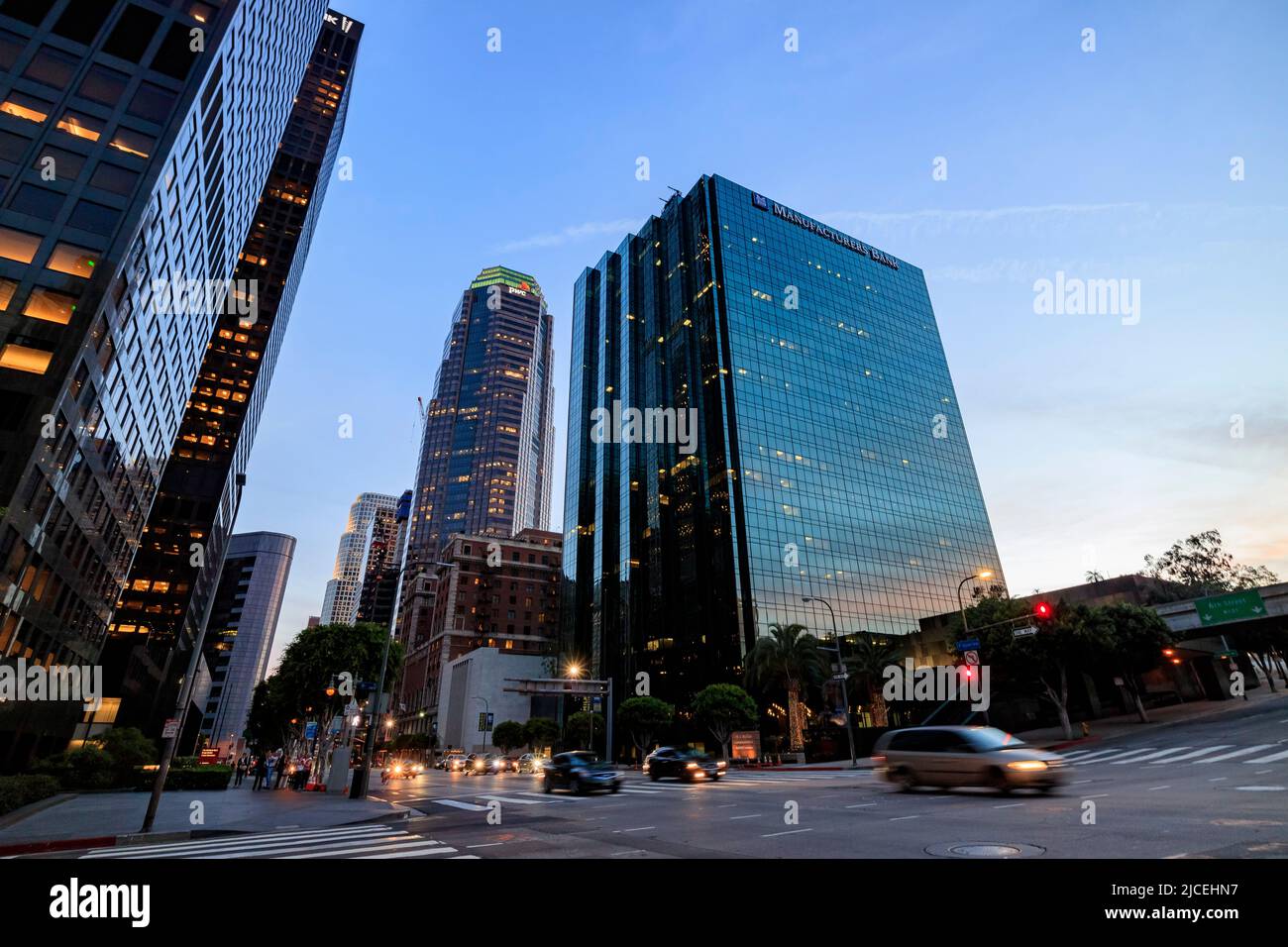 Los Angeles, APR 15 2015 - Twilight view of Los Angeles skyscraper ...