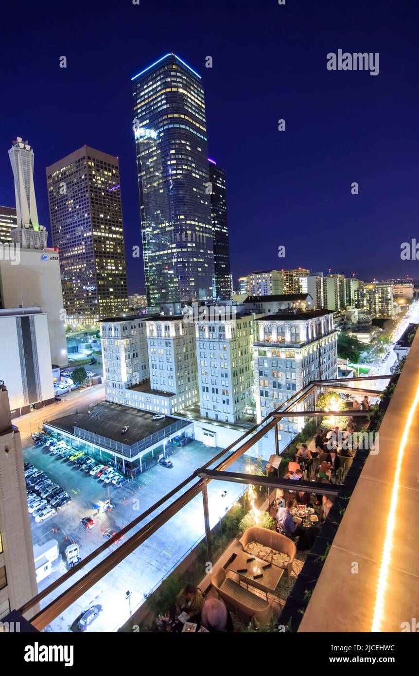 Los Angeles, JAN 25 2015 - Night aerial view of the downtown cityscape ...