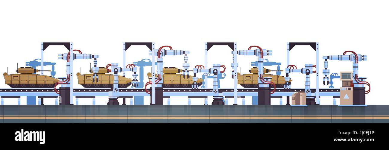 tanks on assembly conveyor line with robot arms special battle ...