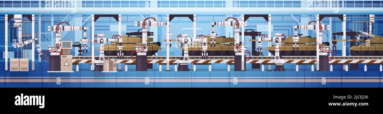 tanks on assembly conveyor line with robot arms special battle ...