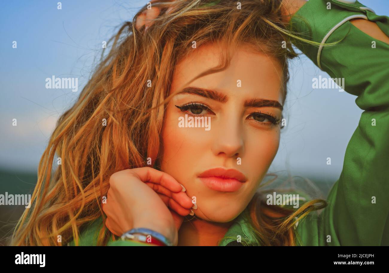 Seasonal fashion. Closeup face girl outdoor. Natural makeup. Summer ...