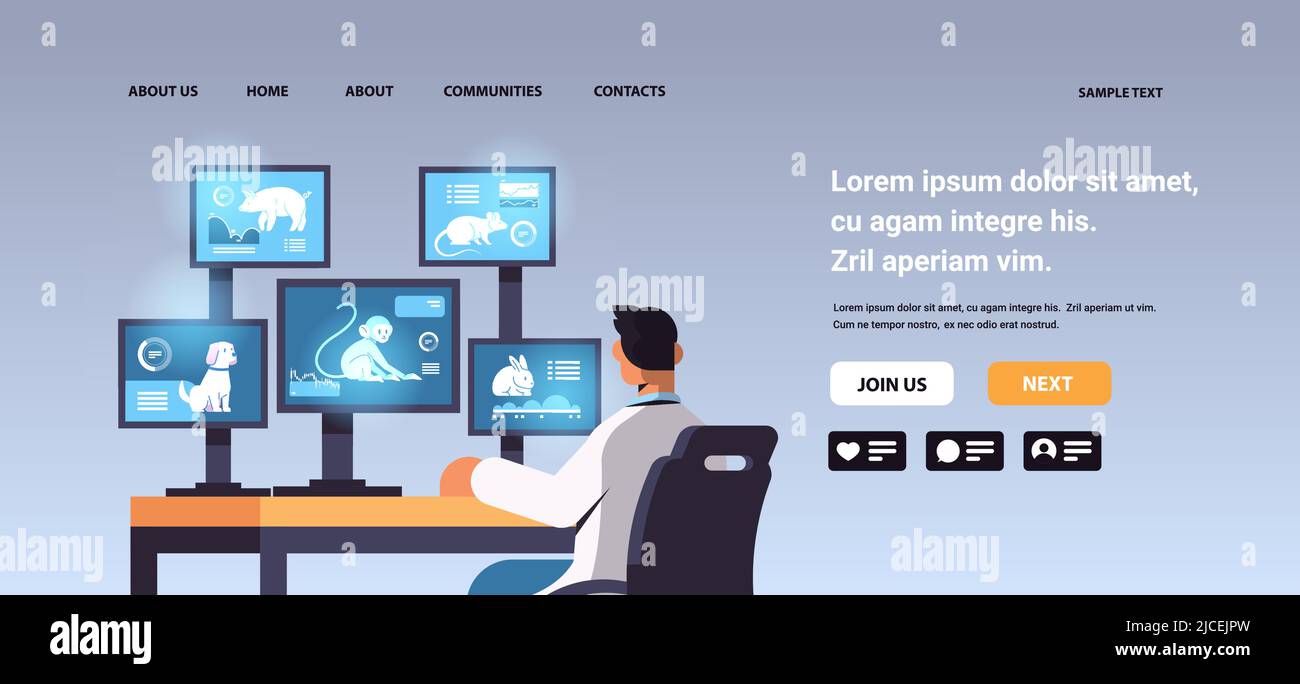 veterinary worker work on desktop with animals on screens scientist ...