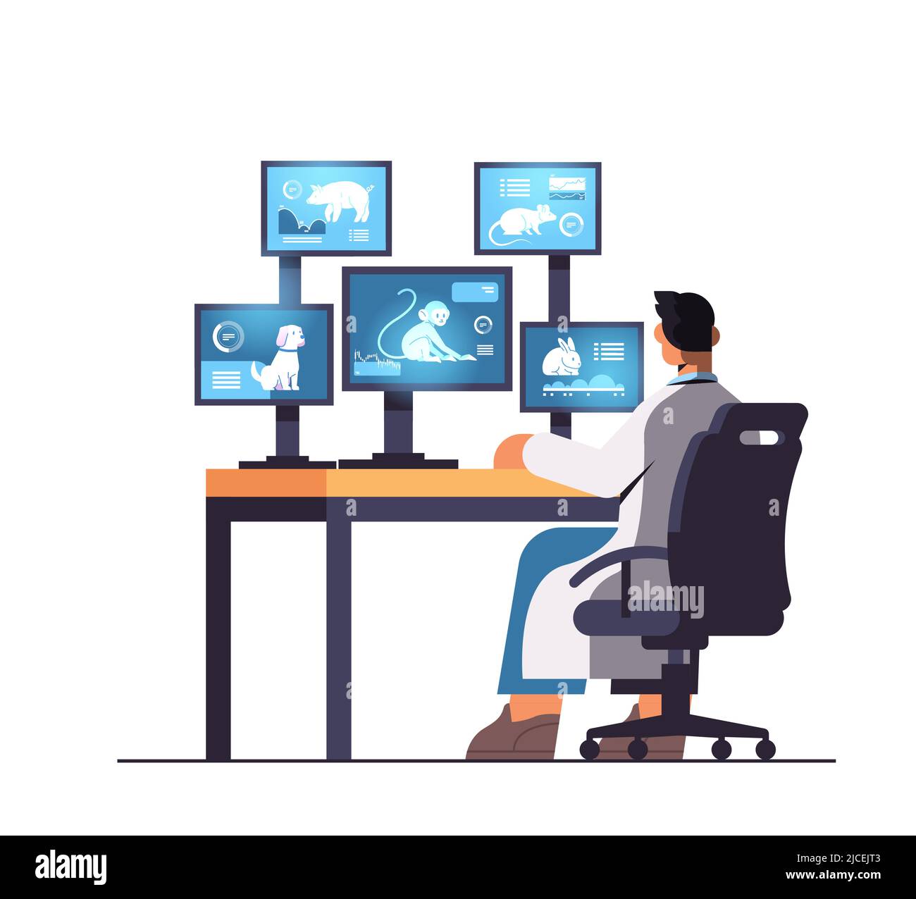 veterinary worker work on desktop with animals on screens scientist ...