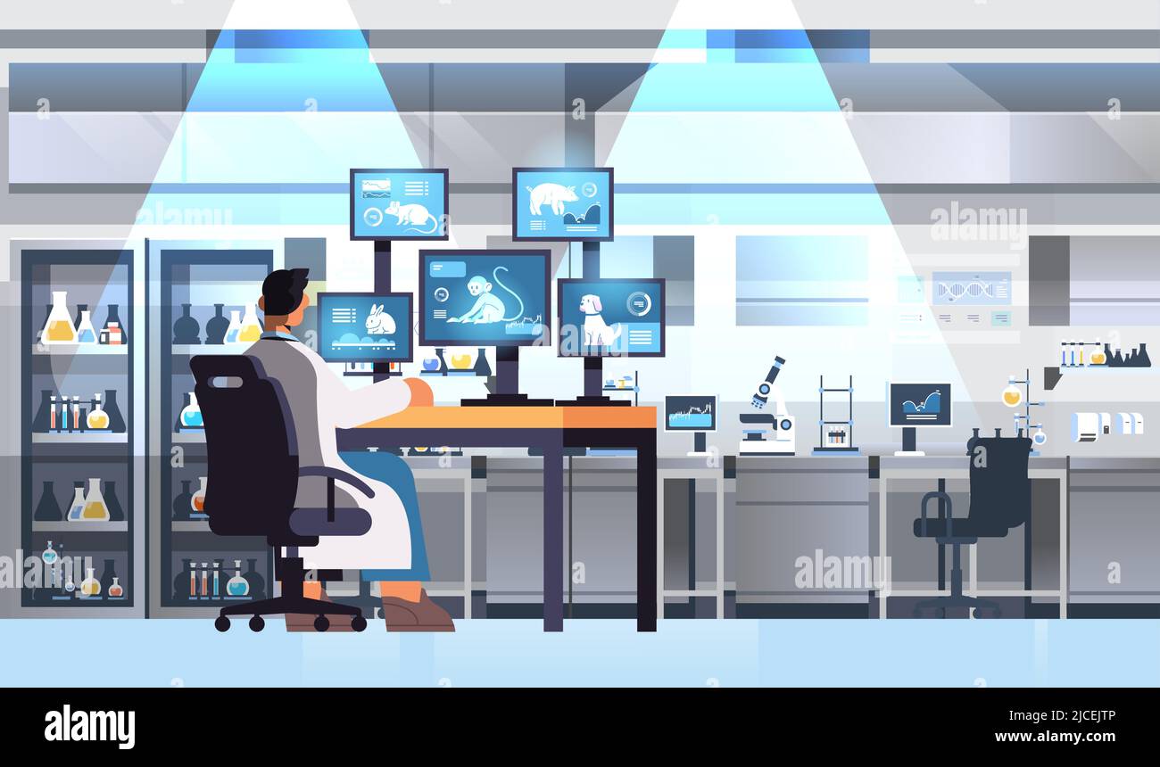 veterinary worker work on desktop with animals on screens scientist ...