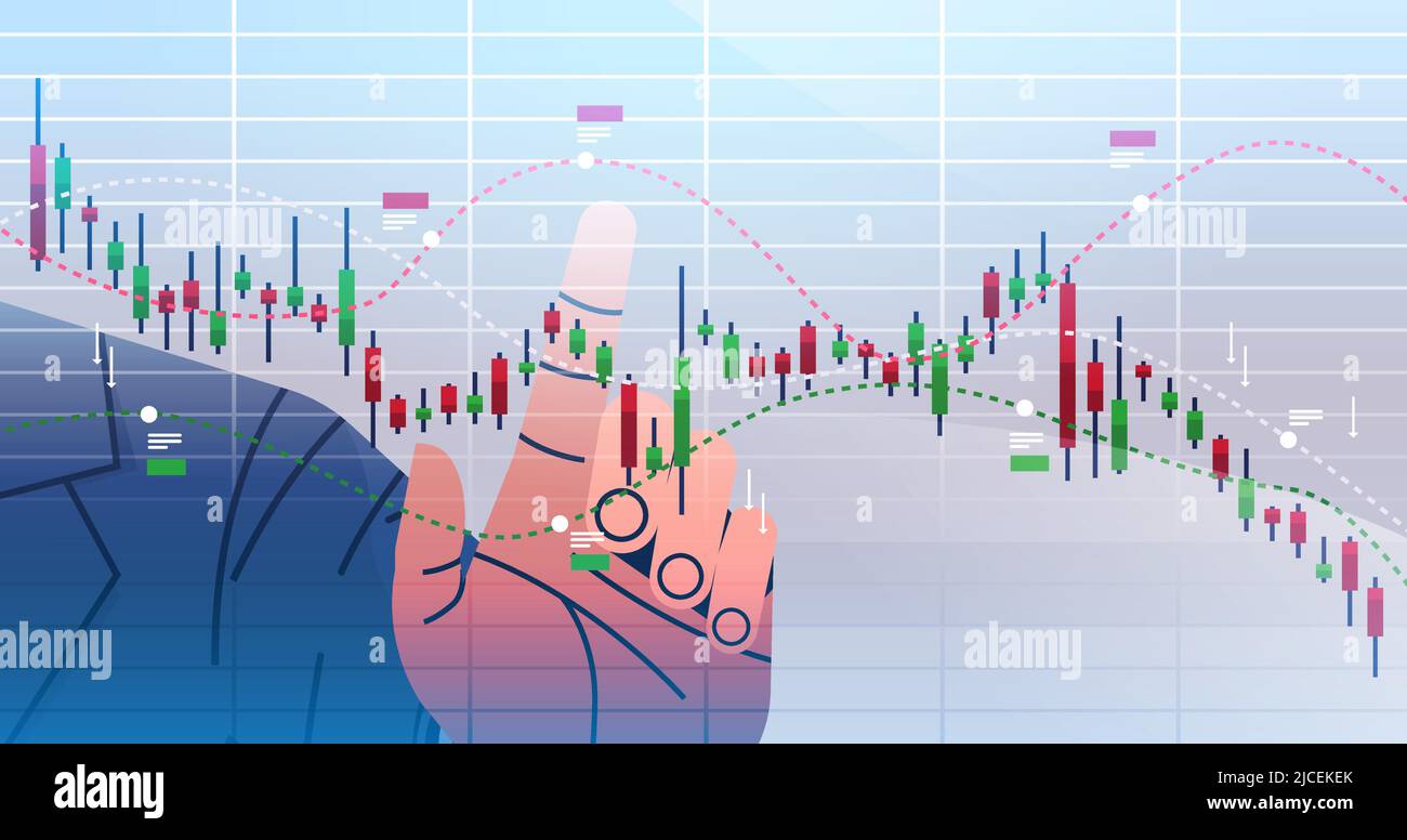 trader hand analyzig falling down stock market trading graph ...