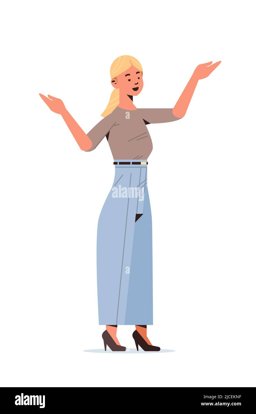 young businesswoman raising hands up female character standing pose ...