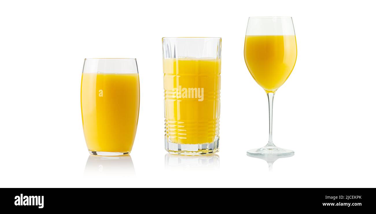 Collection of orange juice in different glasses . Separate clipping ...