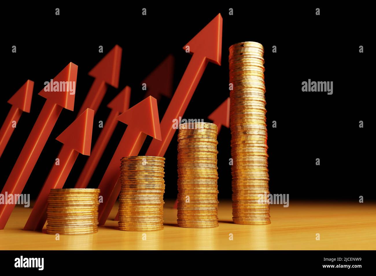 Inflation, prices rise concept. Coin stacks and red arrows representing ...