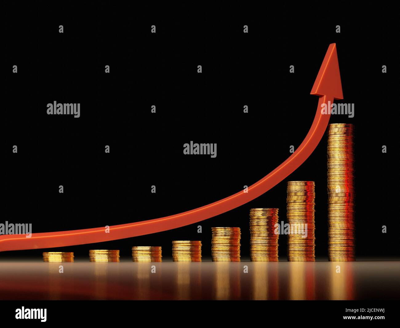 Inflation, prices rise concept. Coin stacks and red arrows representing ...