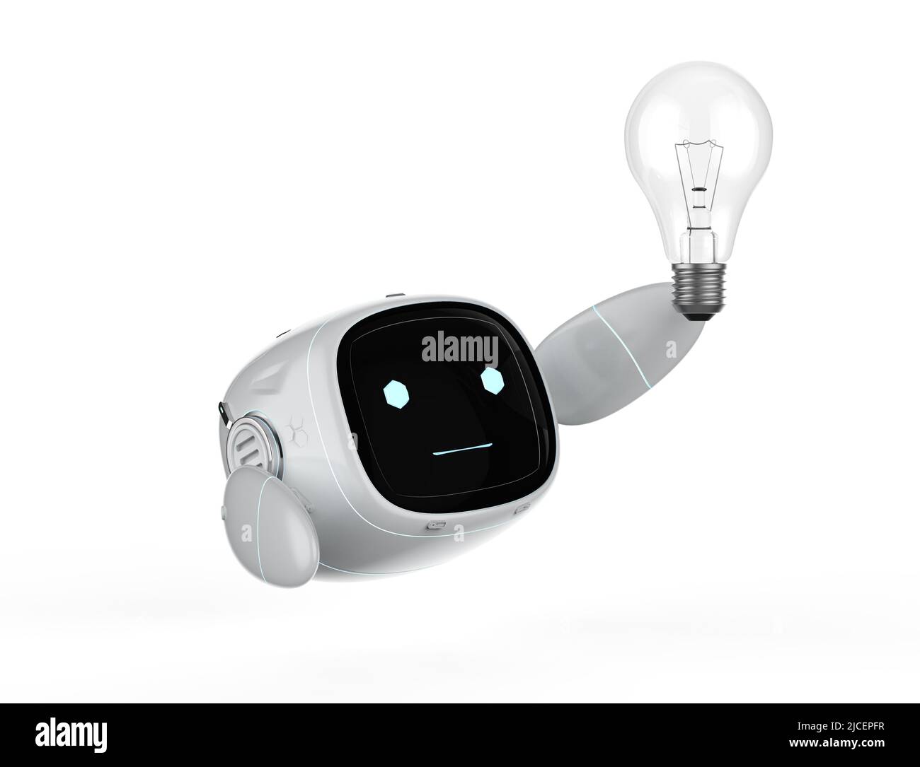 3d rendering cute assistant artificial intelligence robot no leg with idea light bulb Stock ...