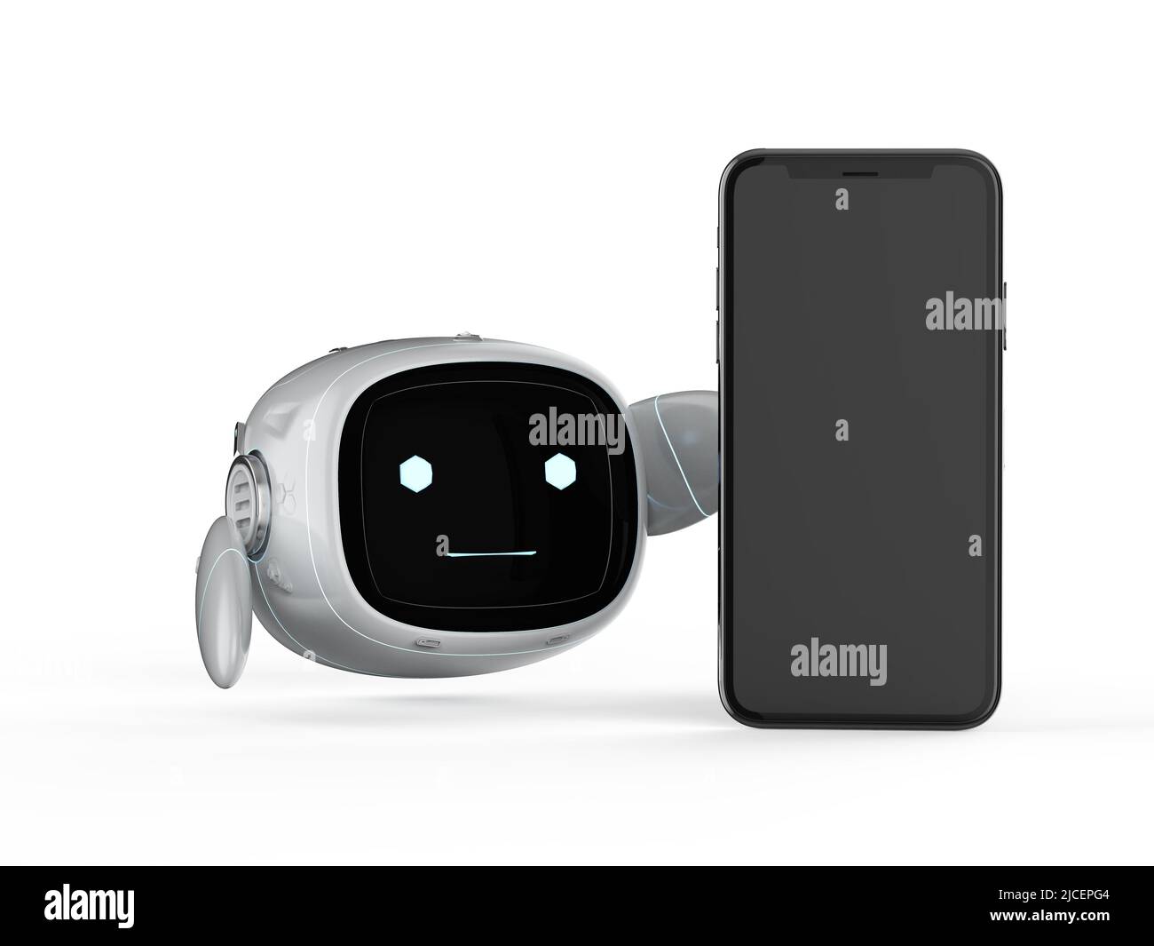 3d rendering cute assistant artificial intelligence robot no leg with empty screen mobile phone ...